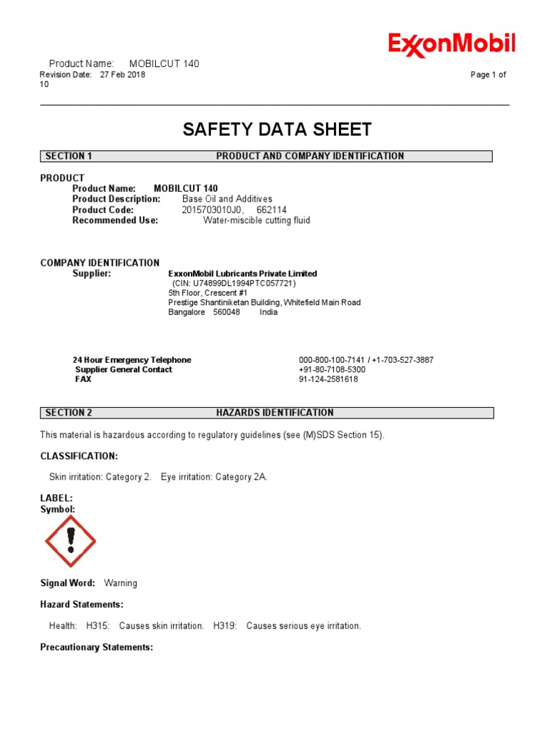 Safety Data Sheet: Product Name: MOBILCUT 140 | PDF | Toxicity ...