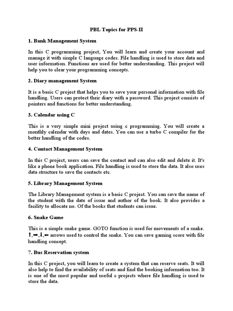 PBL Topics For PPS-II 1. Bank Management System | PDF | Computer File ...