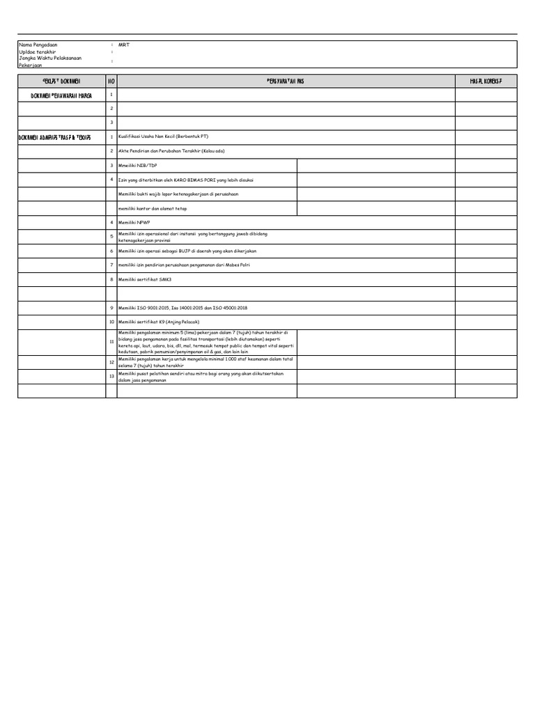 Checklist Tender MRT | PDF