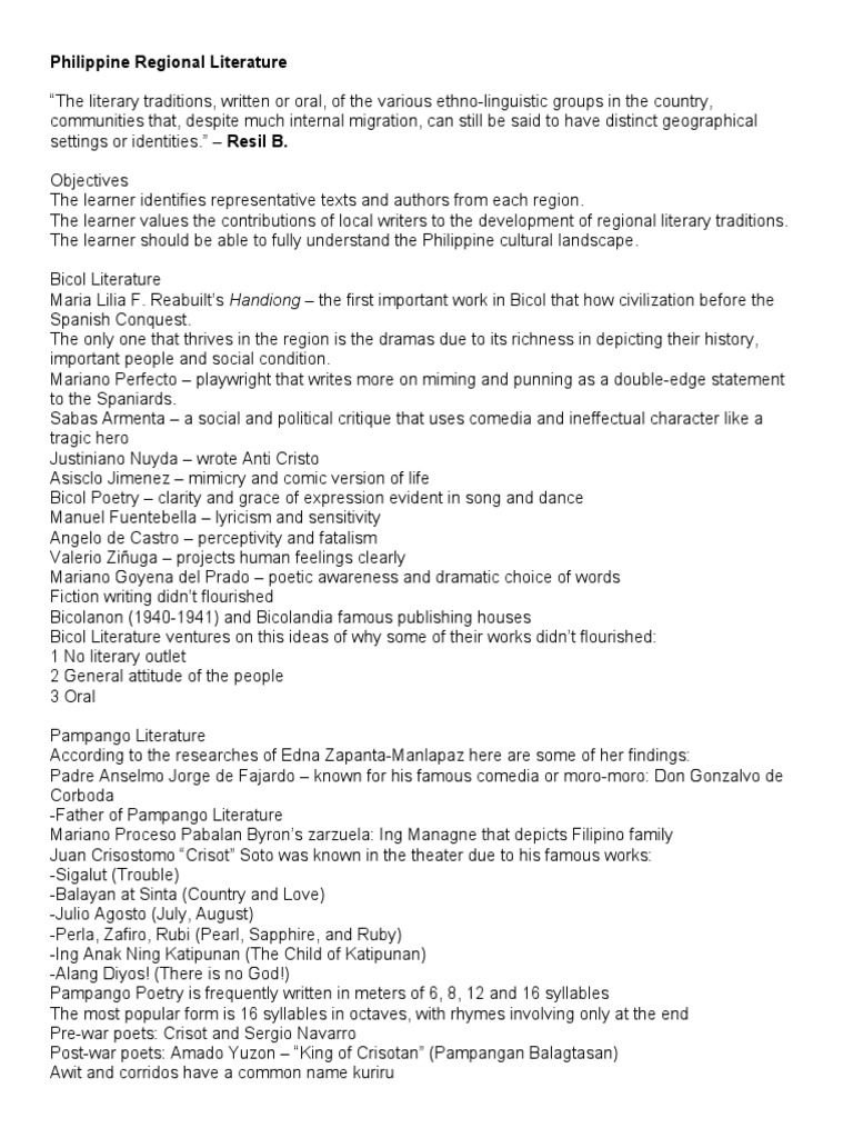Philippine Regional Literature Guide | PDF
