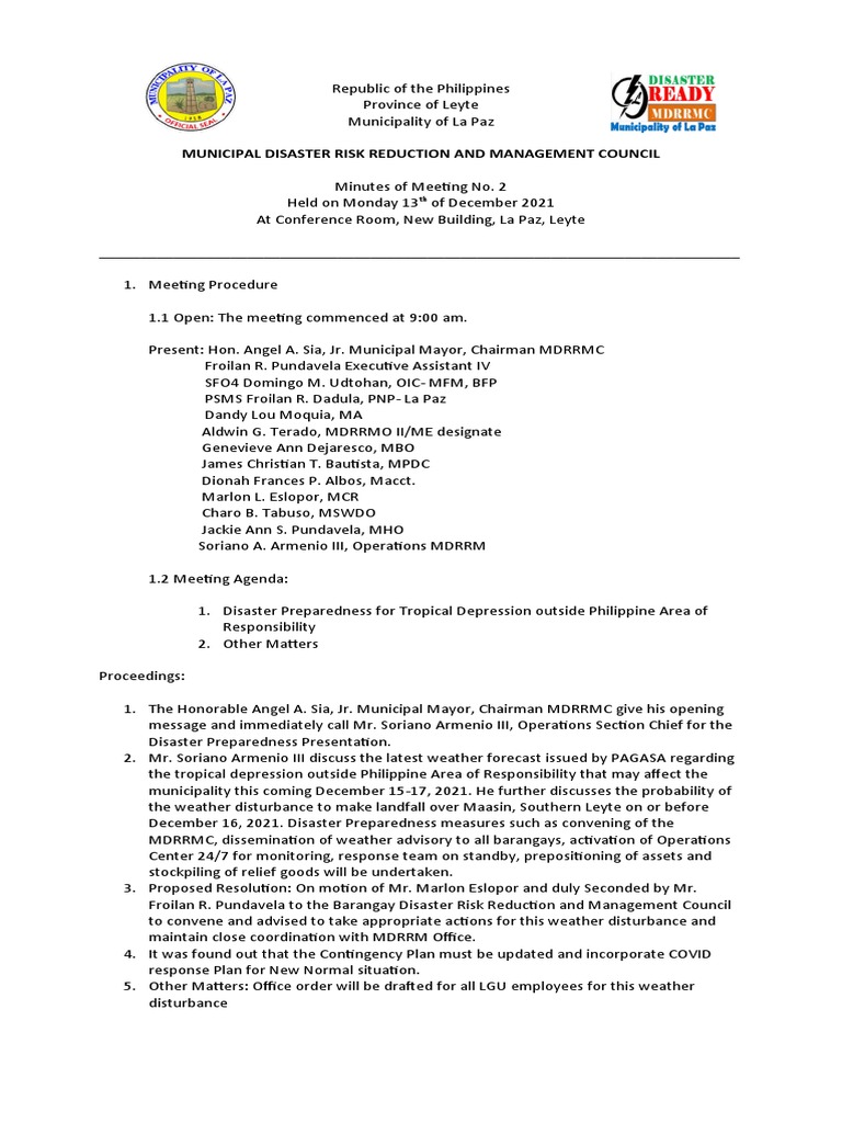 Municipal Disaster Risk Reduction and Management Council | PDF ...