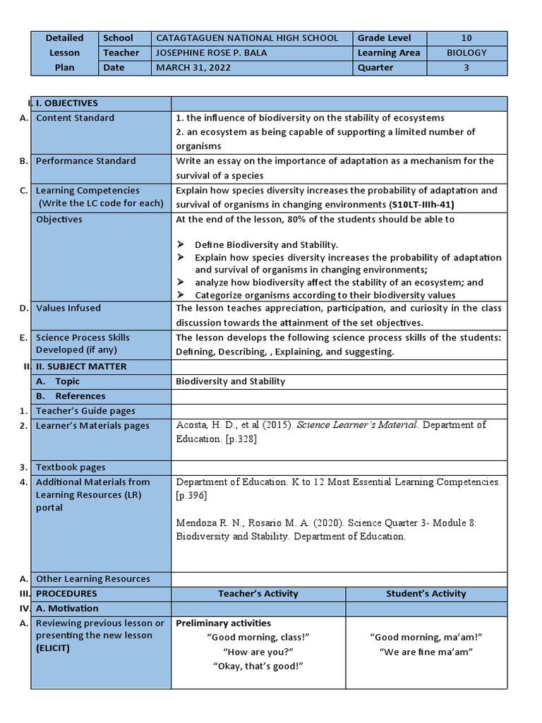 Detailed Lesson Plan in Bio10 | PDF | Biodiversity | Natural Environment