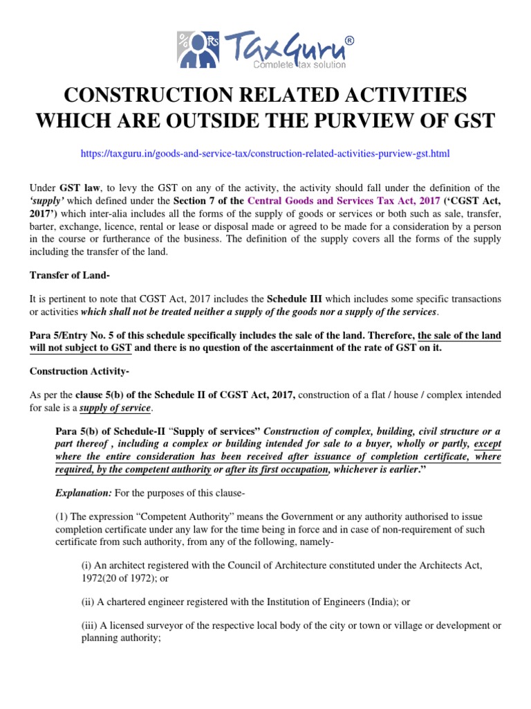 Construction Related Activities Which Are Outside The Purview of GST ...