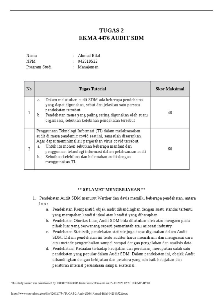 TUGAS 2 Audit SDM Ahmad Bilal 042519522 | PDF