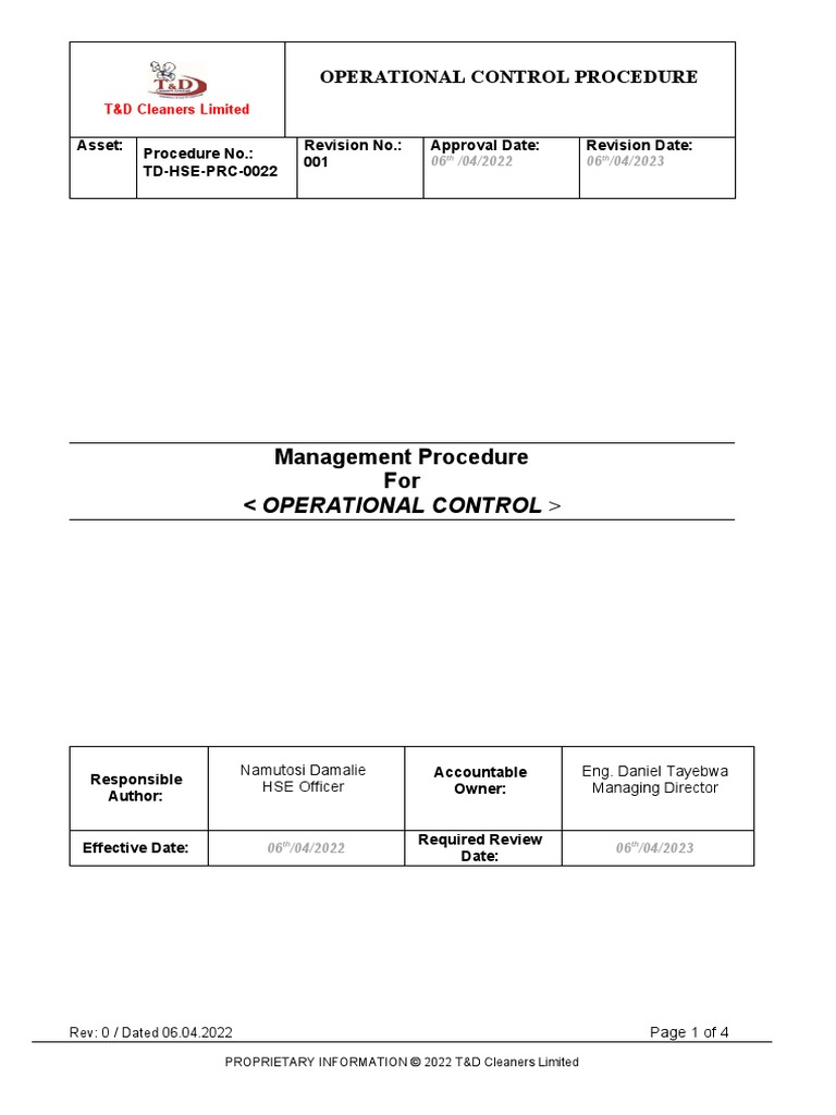 T&D-HSE-PRC-0022 Operational Control Procedure | PDF | Risk