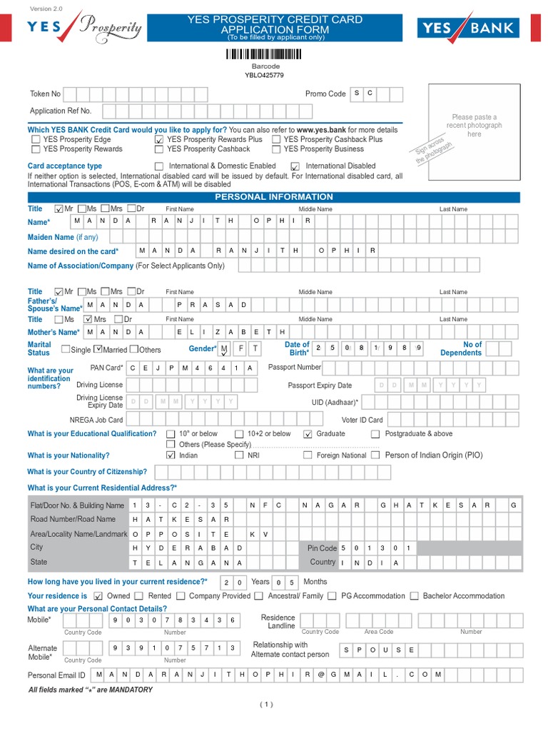 Yes Prosperity Credit Card Application Form: Personal Information | PDF ...