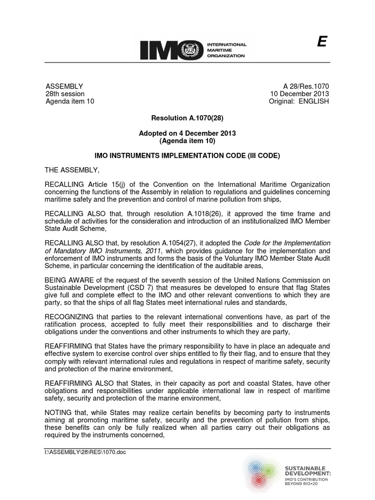 Adoption of the IMO Instruments Implementation Code (III Code) | PDF