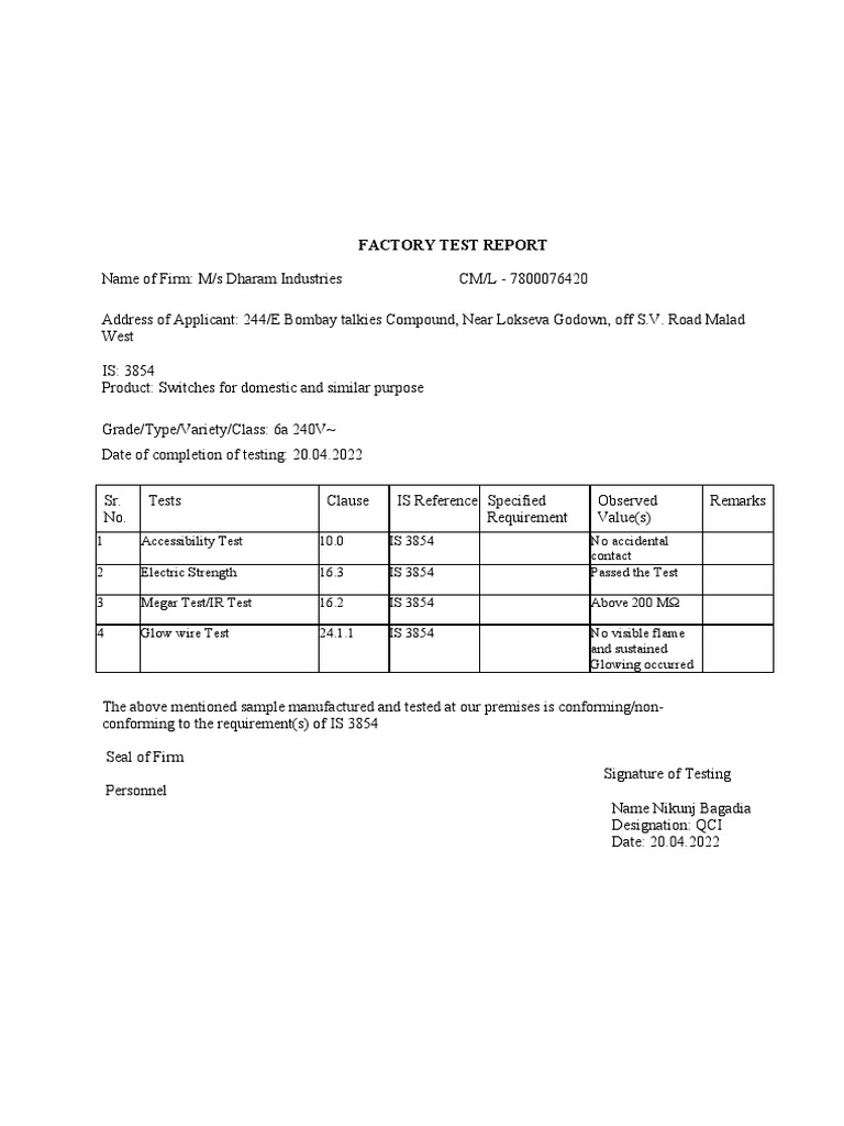 Factory Test Report for Switches | PDF