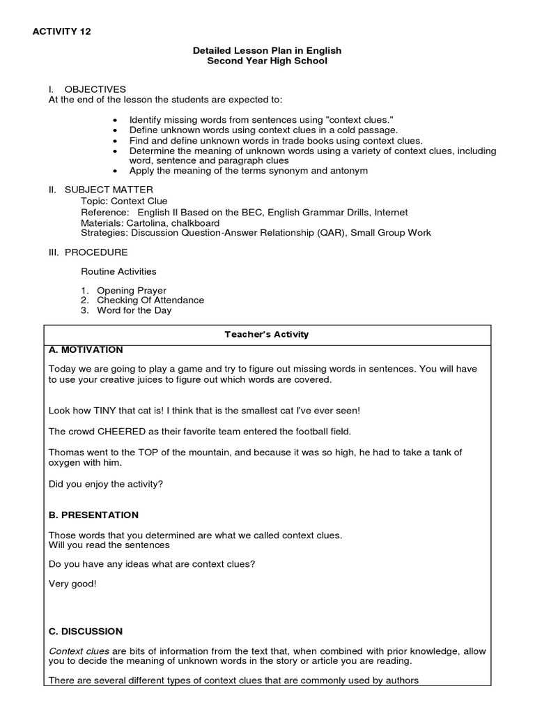 Activity 12 Detailed Lesson Plan in English Second Year High School ...