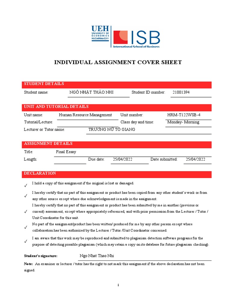 Individual Assignment Cover Sheet: Student Details | PDF | Employment ...