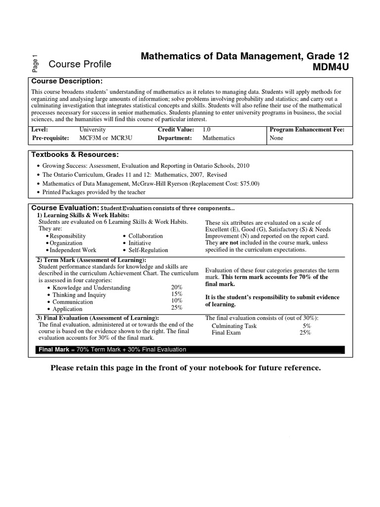 Course Profile: Mathematics of Data Management, Grade 12 Mdm4U | PDF ...