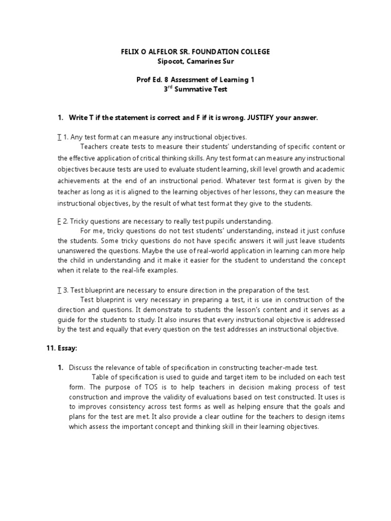 Prof Ed 8 3rd Sum MOT | PDF | Educational Assessment | Teachers