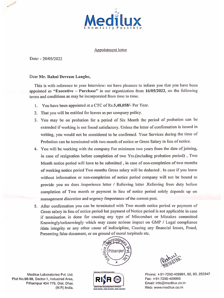 Medilux Appointment Letter - Rahul | PDF