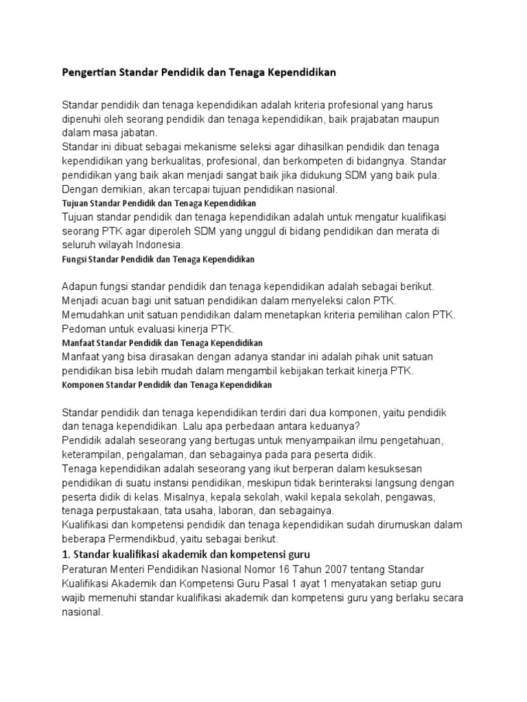Pengertian Standar Pendidik Dan Tenaga Kependidikan Pdf