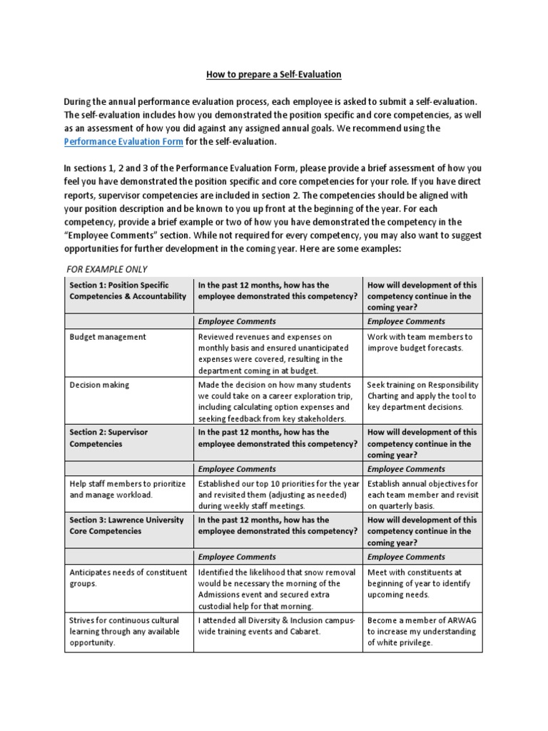 HR - Self - Evaluation Instructions | PDF | Performance Appraisal | Goal