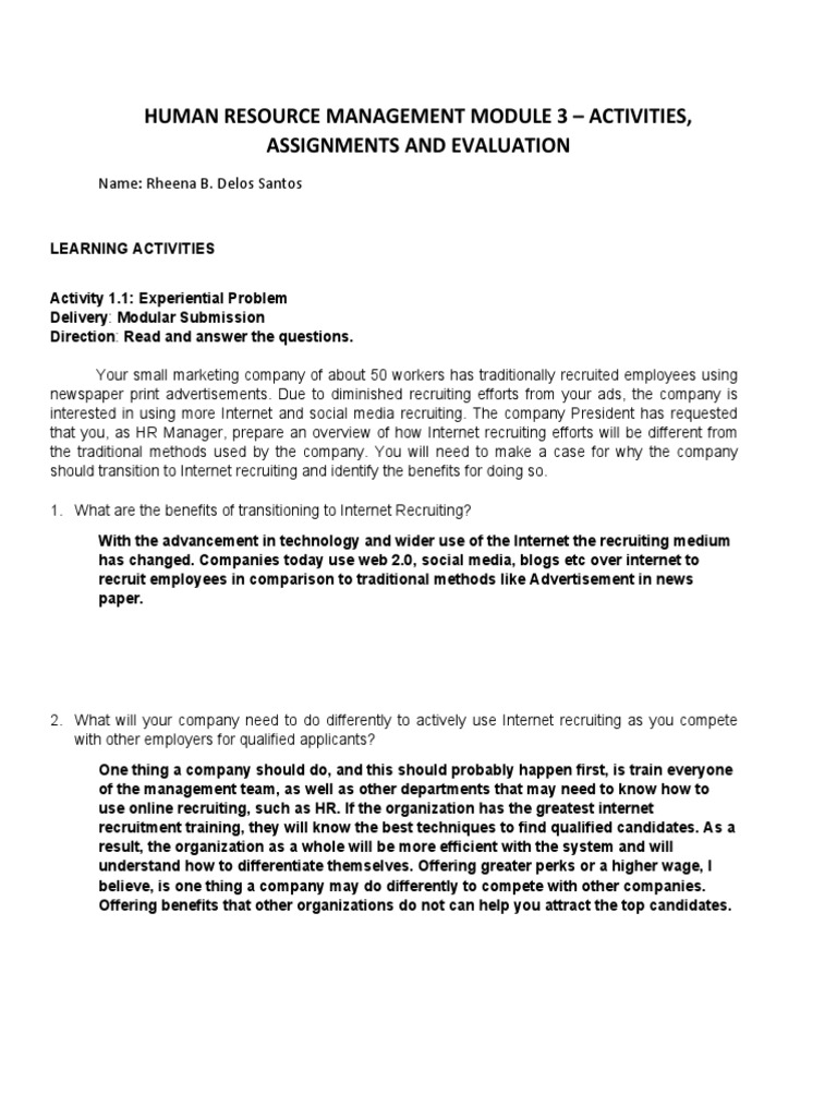 HRM Module 3 - Activities, Assignments and Ev | PDF | Performance Appraisal | Recruitment