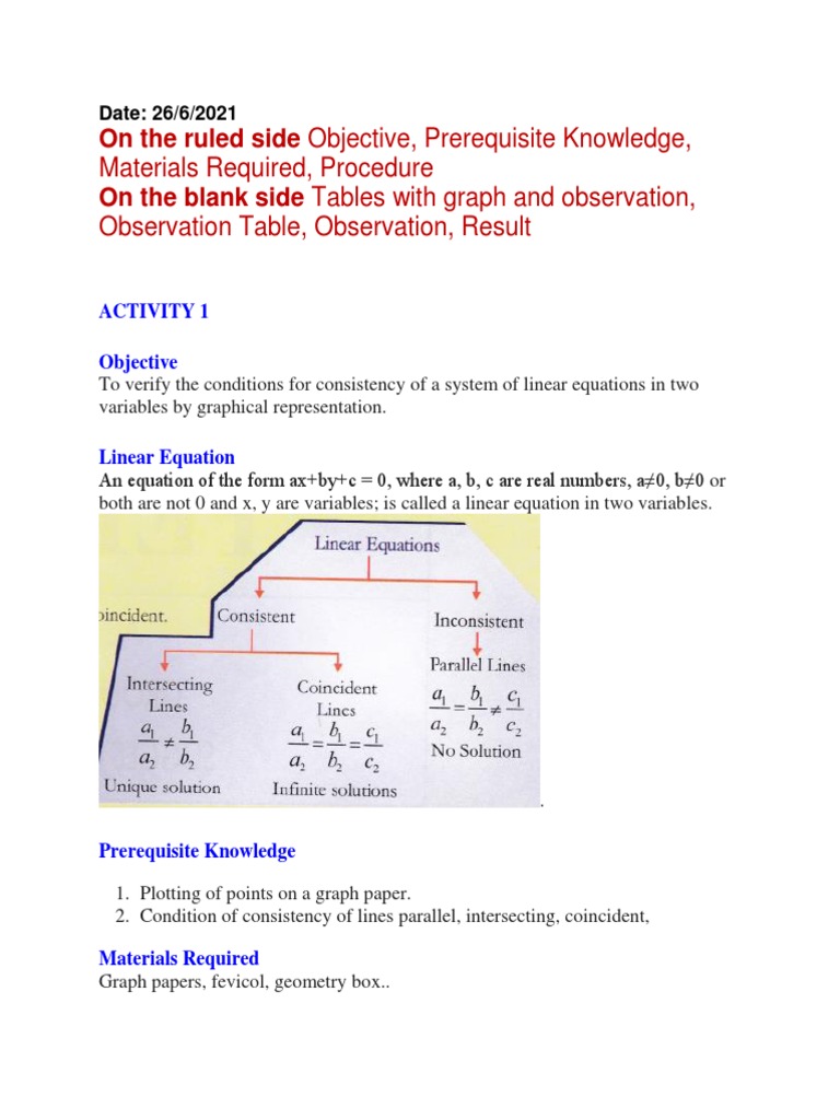 Class 10 Maths Lab Activity 1 Linear Equations | PDF
