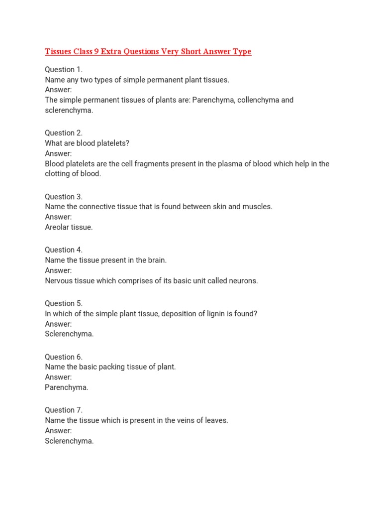Tissues Class 9 Extra Questions Very Short Answer Type | PDF | Tissue ...