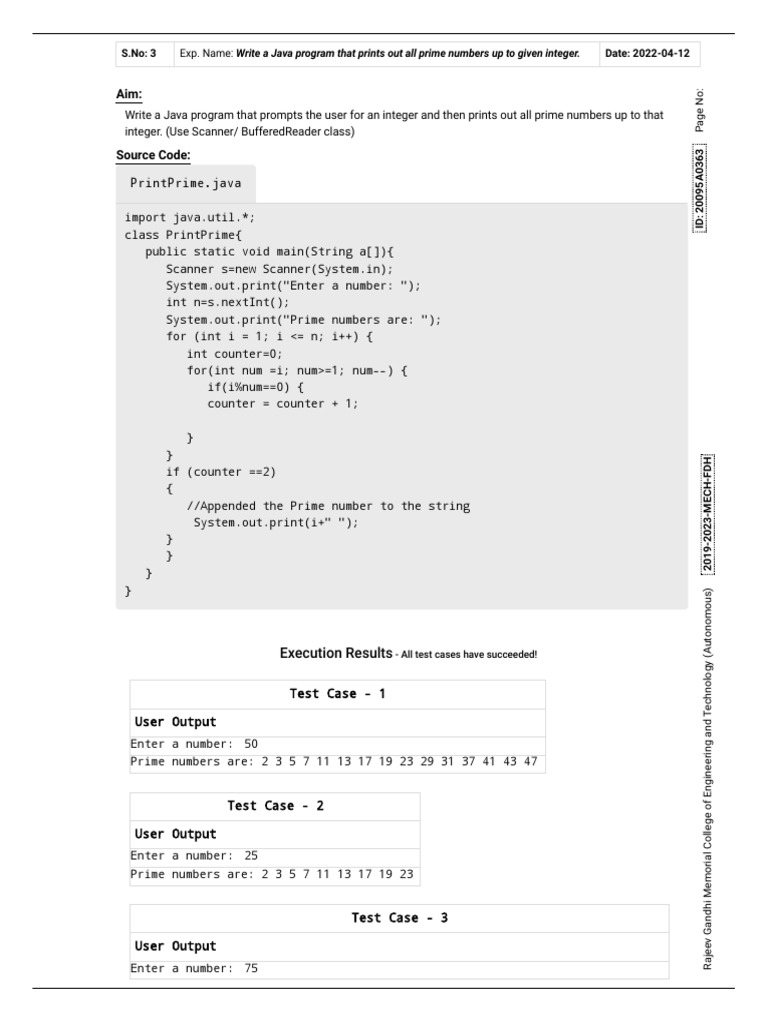 Printprime - Java: S.No: 3 Date: 2022-04-12 | PDF | Java (Programming ...
