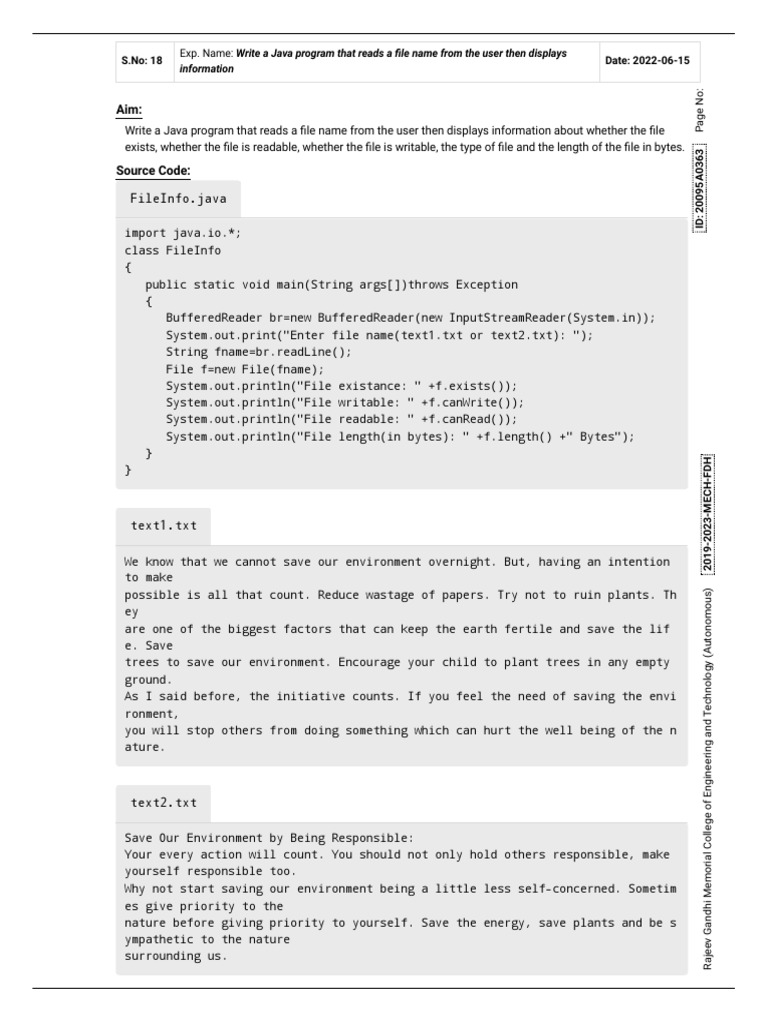 Fileinfo - Java: S.No: 18 Date: 2022-06-15 | Download Free PDF | Text File | String (Computer ...