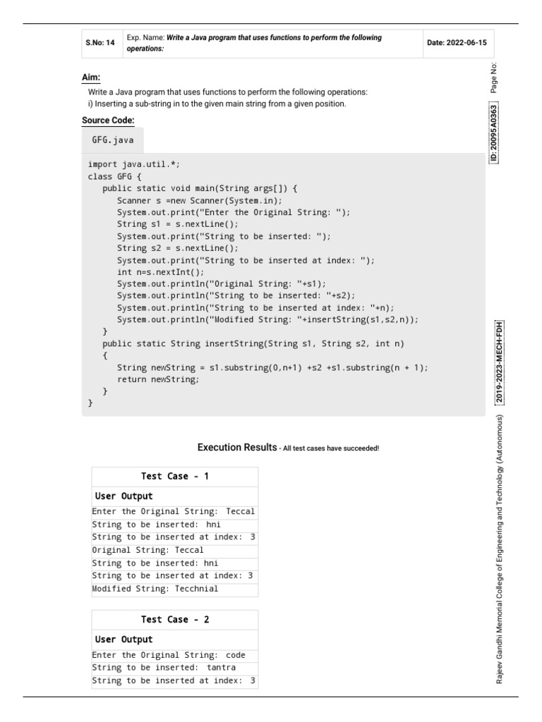 A Java Program To Insert A Substring Into A Main String At A Given Position Using Functions 