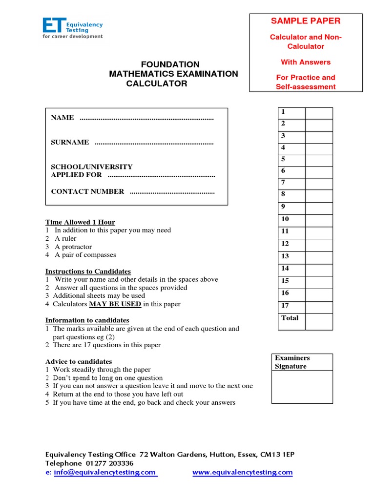 Foundation Mathematics Examination Calculator: Sample Paper | PDF