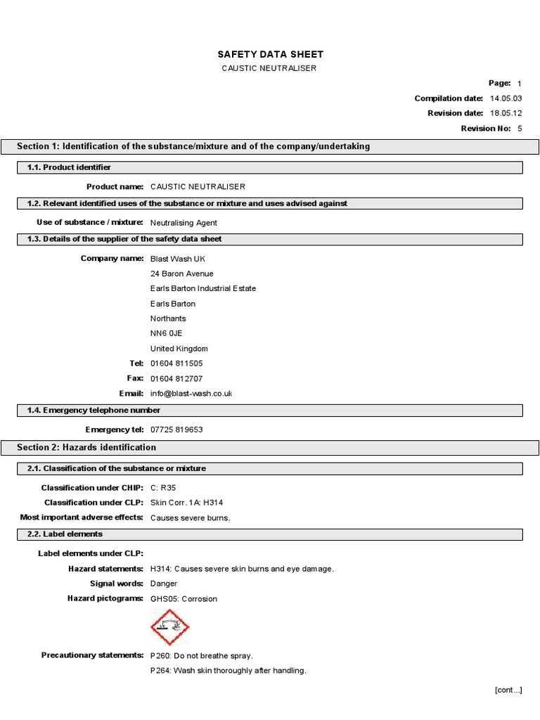 BWC Caustic Neutraliser Safety Data Sheet | PDF | Chemistry ...