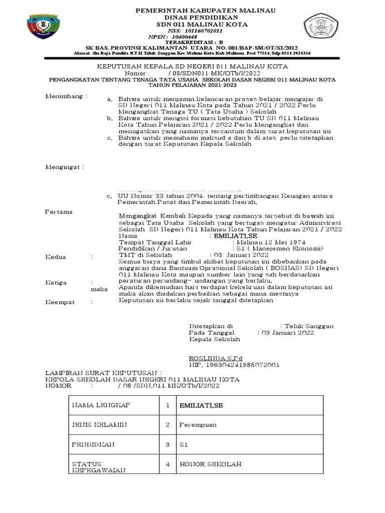 SK Tata Usaha Sekolah SDN 011 Malinau Kota | PDF