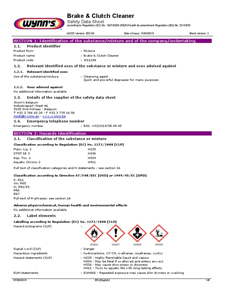 Brake & Clutch Cleaner: Safety Data Sheet | PDF | Firefighting | Toxicity