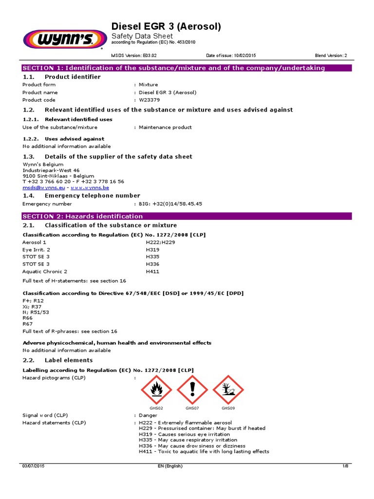 Diesel EGR 3 (Aerosol) : Safety Data Sheet | PDF | Firefighting | Toxicity