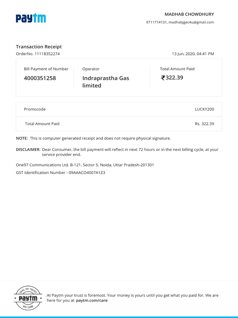 Indraprastha Gas Bill Payment Receipt | PDF