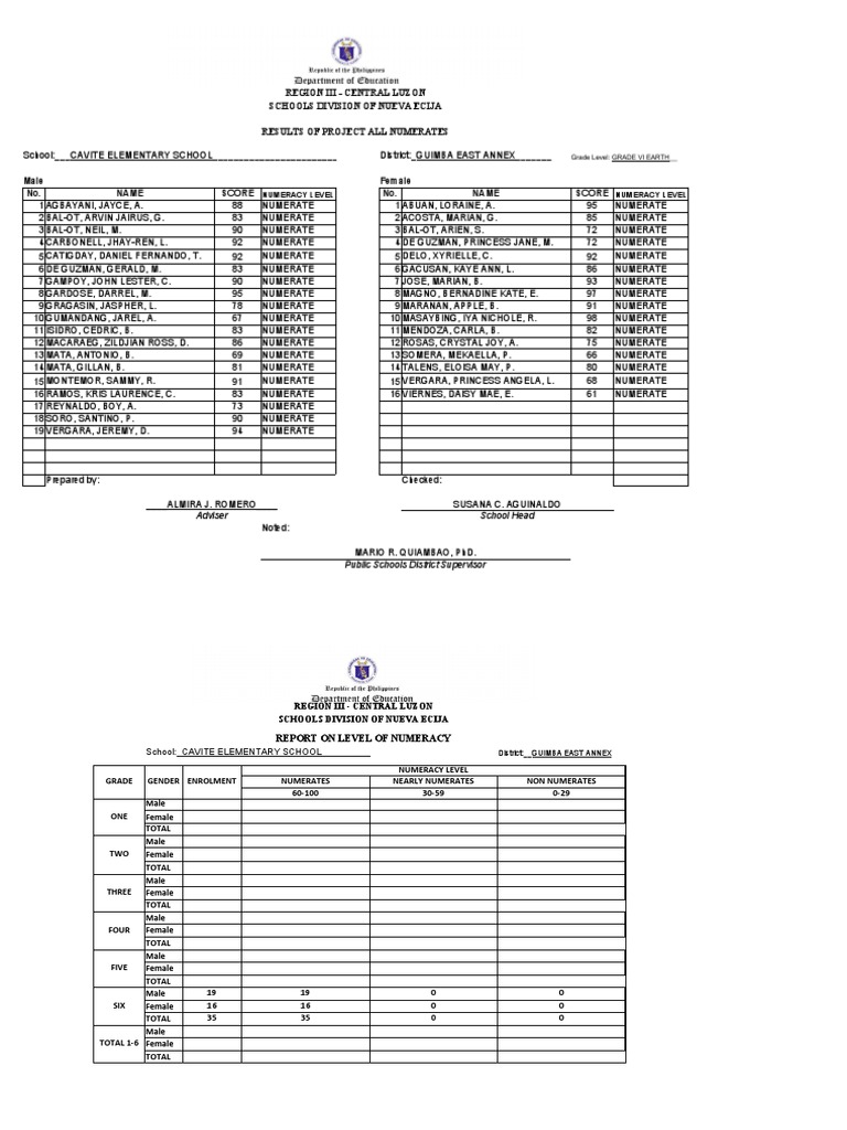 Grade 6 Cavite ES GUIMBA EAST PreTest REsults On Project All Numerates ...