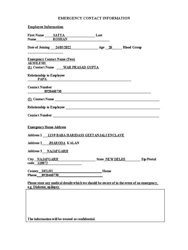 Emergency Contact Details for Employees | PDF