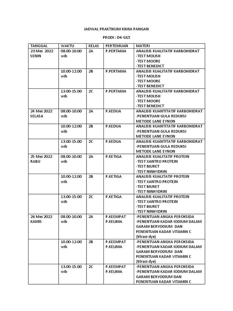 Jadwal Praktikum Kimia Pangan D4 | PDF Jadwal Praktikum Kimia Pangan D4 | PDF
