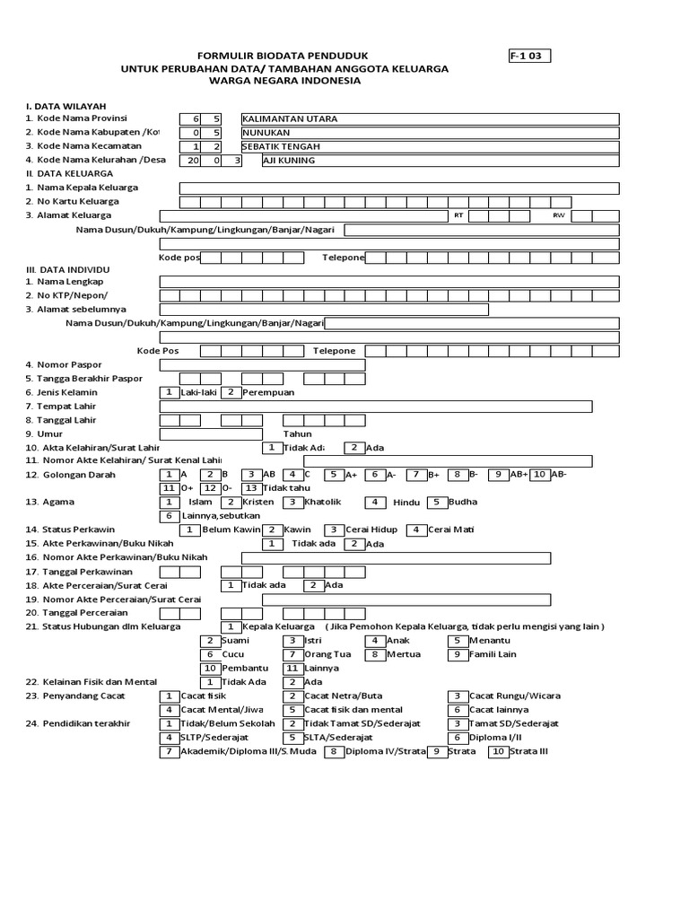 F-1 03 Formulir Biodata Penduduk | PDF