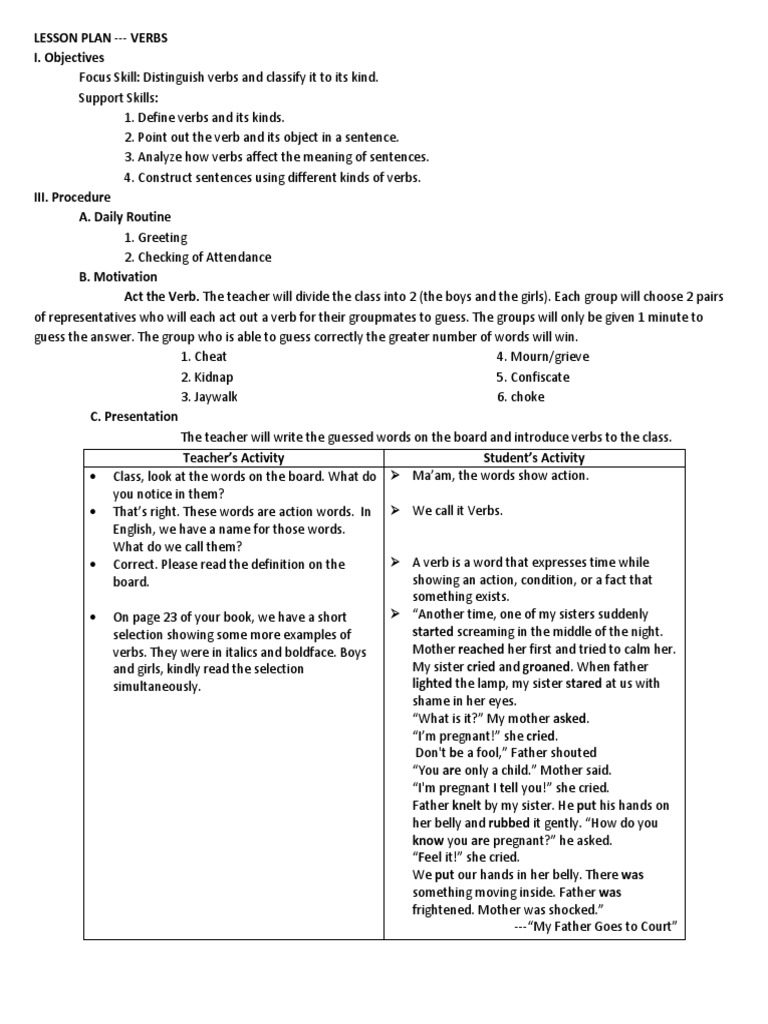 Lesson Plan Verbs | PDF | Verb | Subject (Grammar)