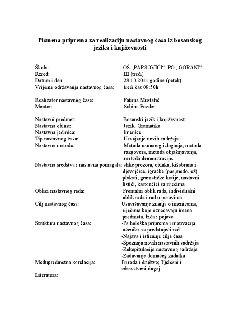 Pismena Priprema Za Realizaciju Nastavnog Asa Iz Bosanskog Jezika I Knjievnosti - Compress | PDF