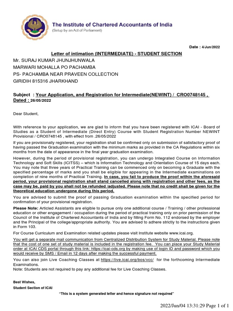 Letter of Intimation (INTERMEDIATE) - STUDENT SECTION | PDF