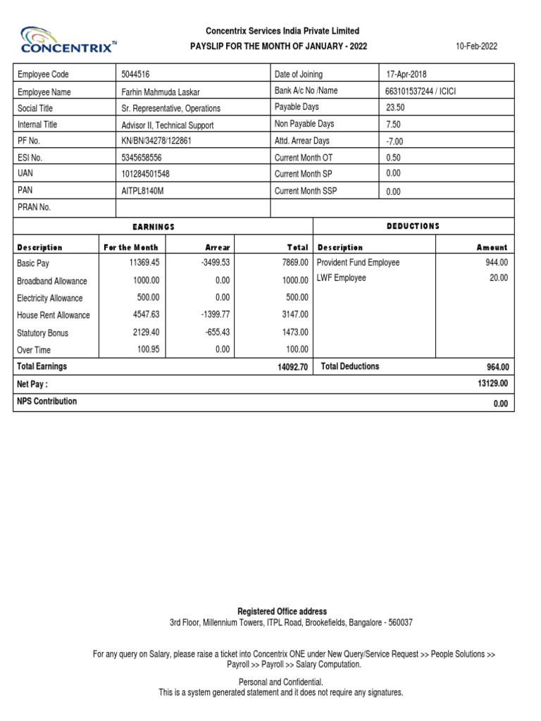 Concentrix Services India Private Limited Payslip For The Month of ...