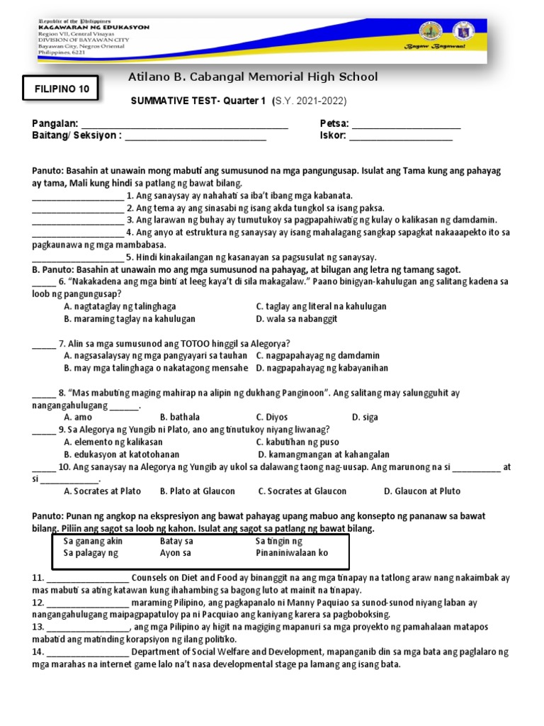 Fil Q1 Sum Test | PDF