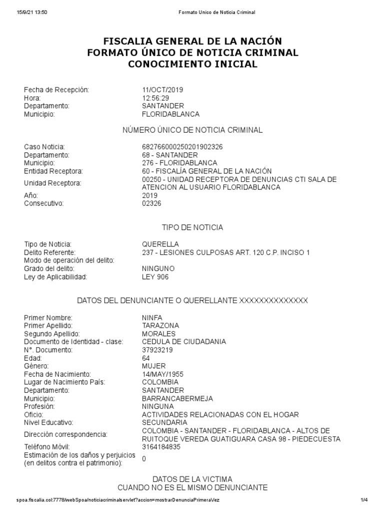 Formato Único de Noticia Criminal | PDF | Colombia | Ley Pública