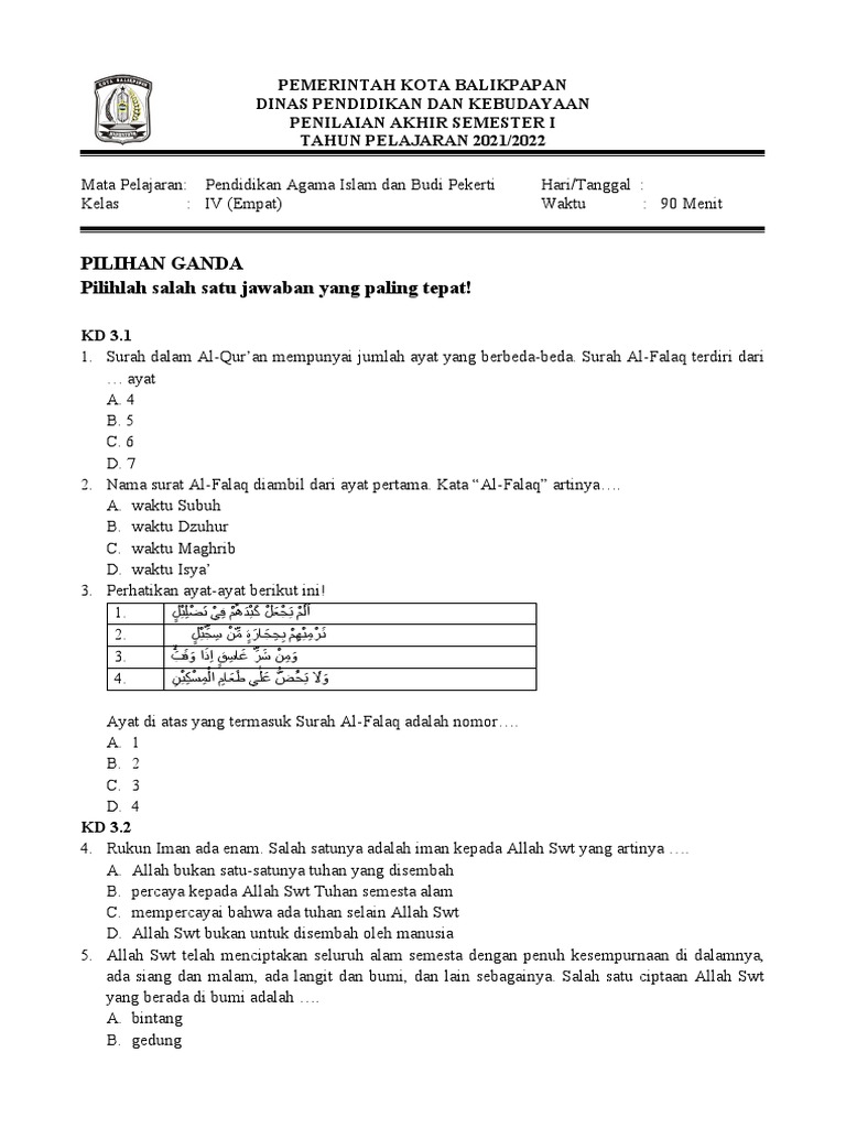 Soal Pas Ganjil Pai Kelas 4 | PDF | Agama & Spiritualitas