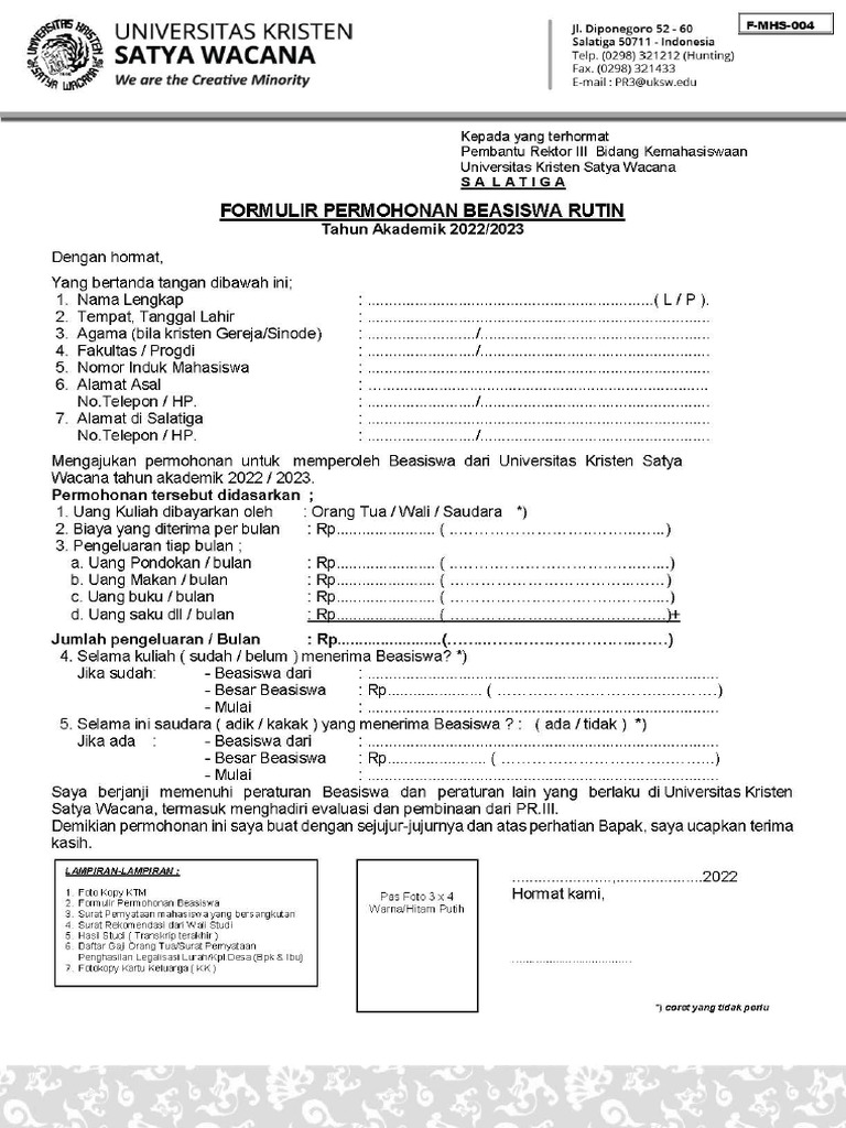 Formulir Permohonan Beasiswa Rutin | PDF