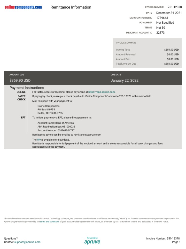 $359.90 USD January 22, 2022: Payment Instructions | PDF | Invoice | Cheque