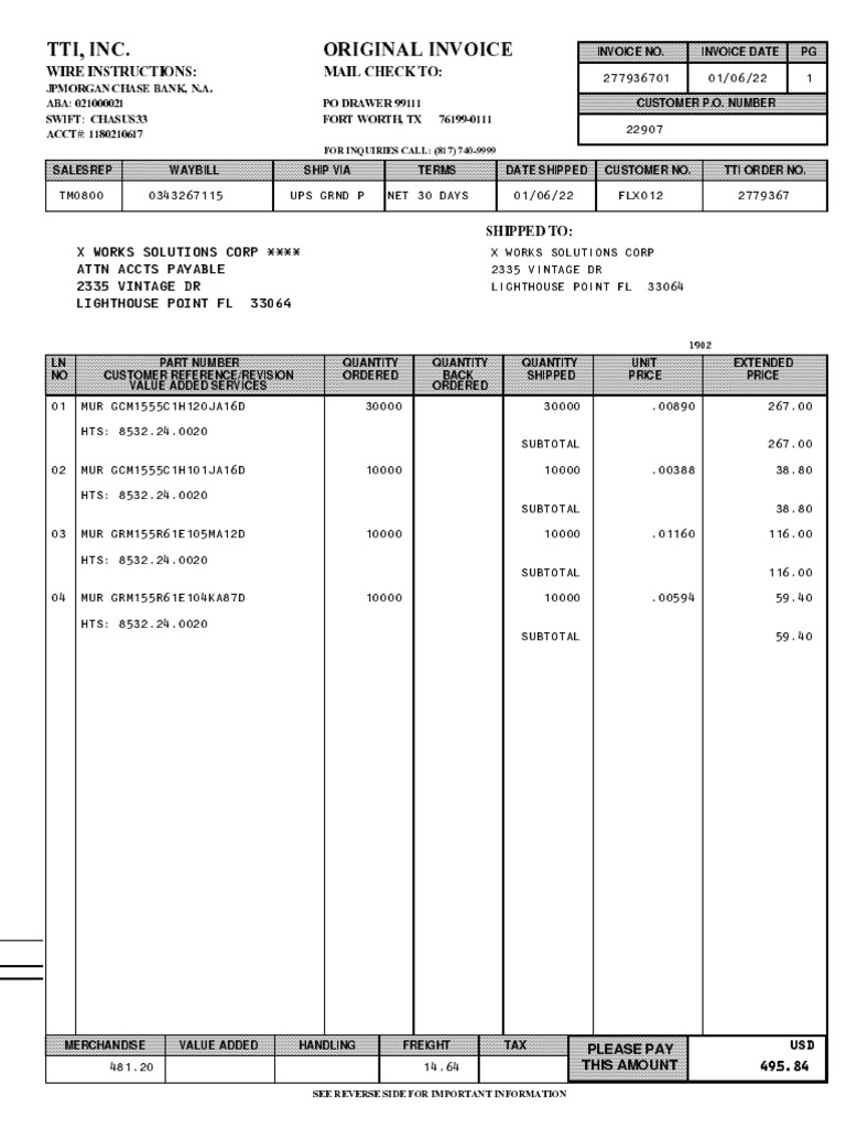Original Invoice Tti, Inc.: Wire Instructions: Mail Check To | PDF ...
