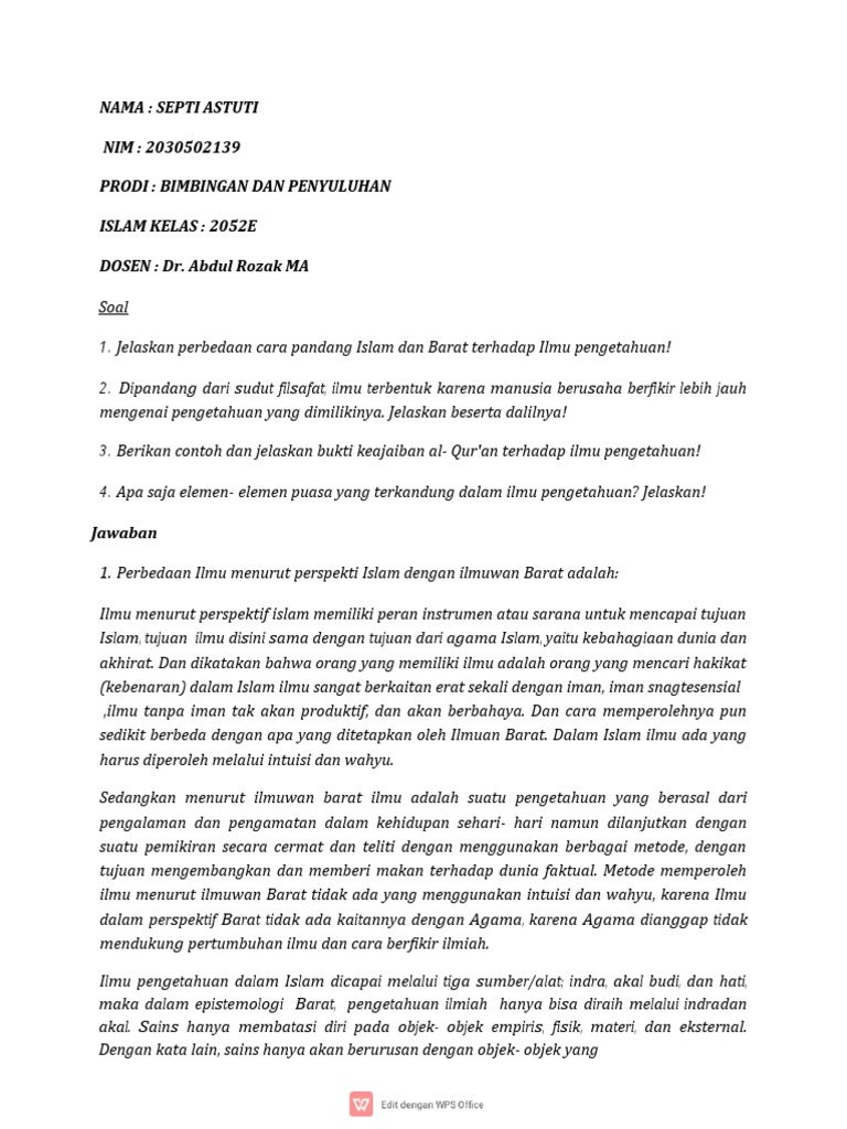 Tugas Islam Dan Pengetahuan Septi Astuti | PDF