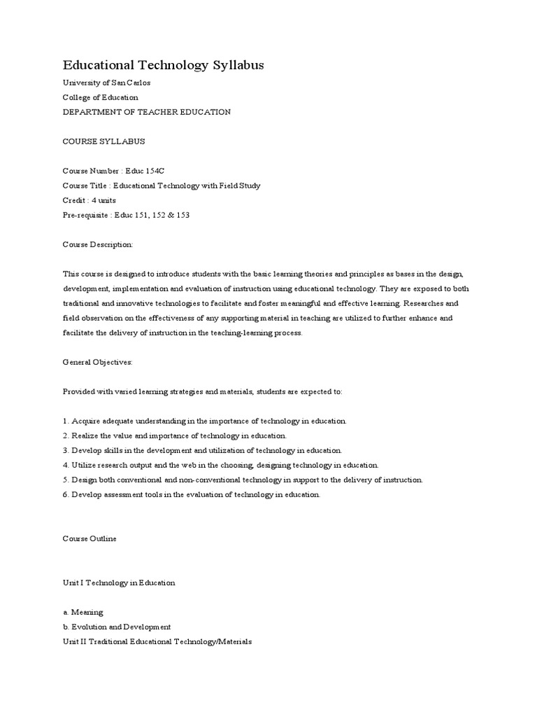 Educational Technology Course Syllabus | PDF | Educational Technology ...