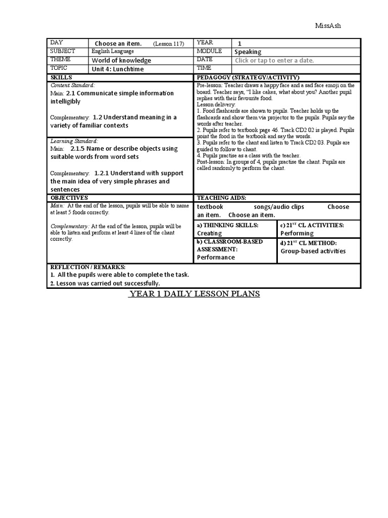 Year 1 Daily Lesson Plans: Skills Pedagogy (Strategy/Activity) | PDF ...