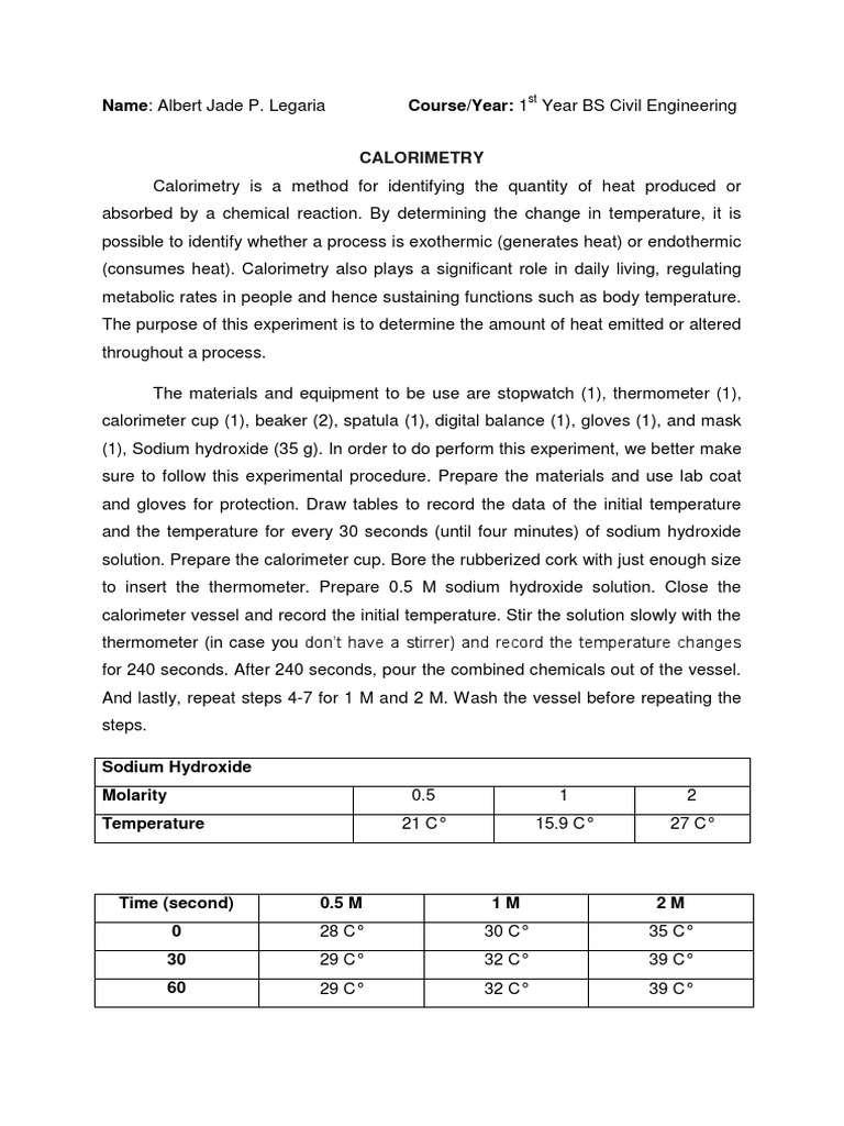 Laboratory Experiment 11 Calorimetry | PDF | Heat | Temperature