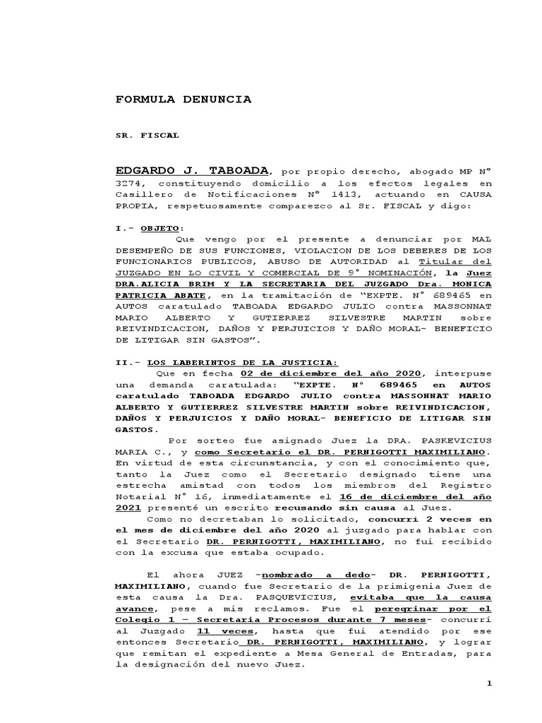FORMULA DENUNCIA Contra La Juez BRIM y Secretaria | PDF | Esfera pública | Justicia